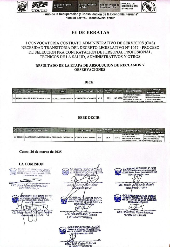 FE DE ERRATAS 02 CONCURSO CAS 001-2025 – Red de Servicios de Salud ...
